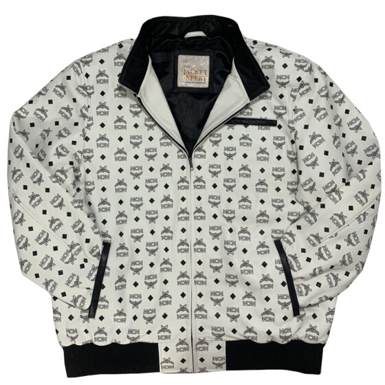 Men’s Genuine Leather MCM Printed Bomber Jacket | The Jacket Xpert
